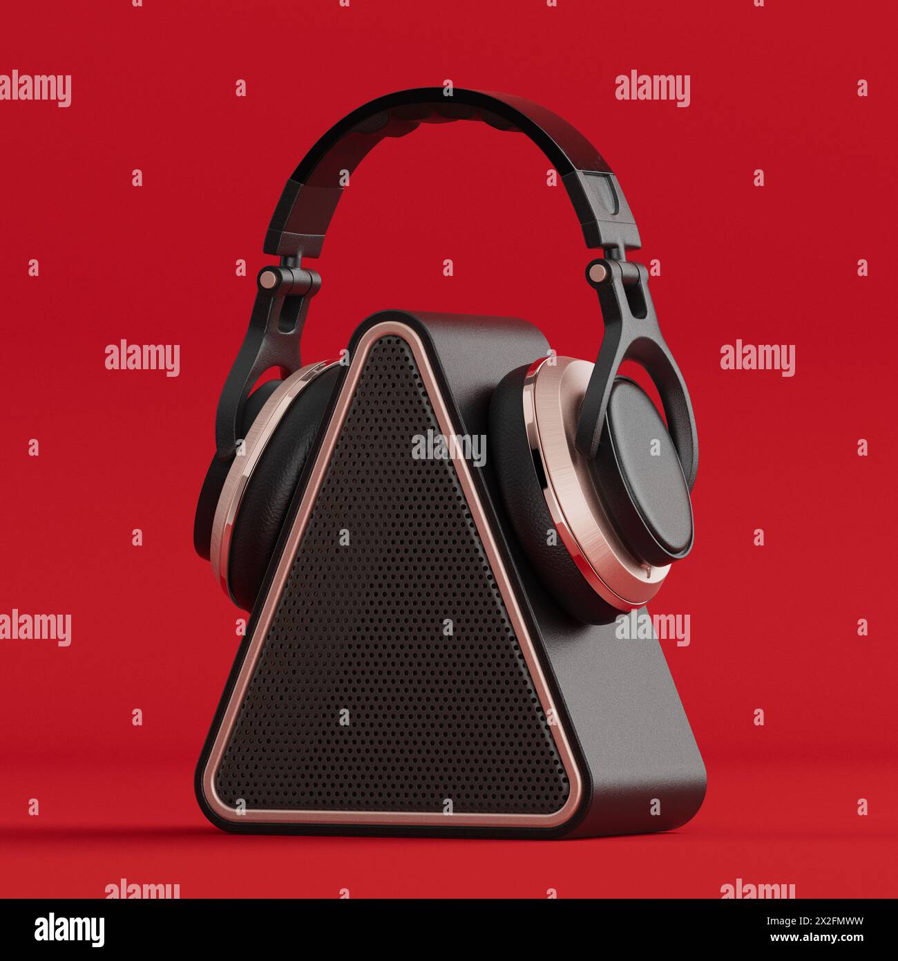 Modern Triangular Mobile Music Speaker with Headphones on a red ...