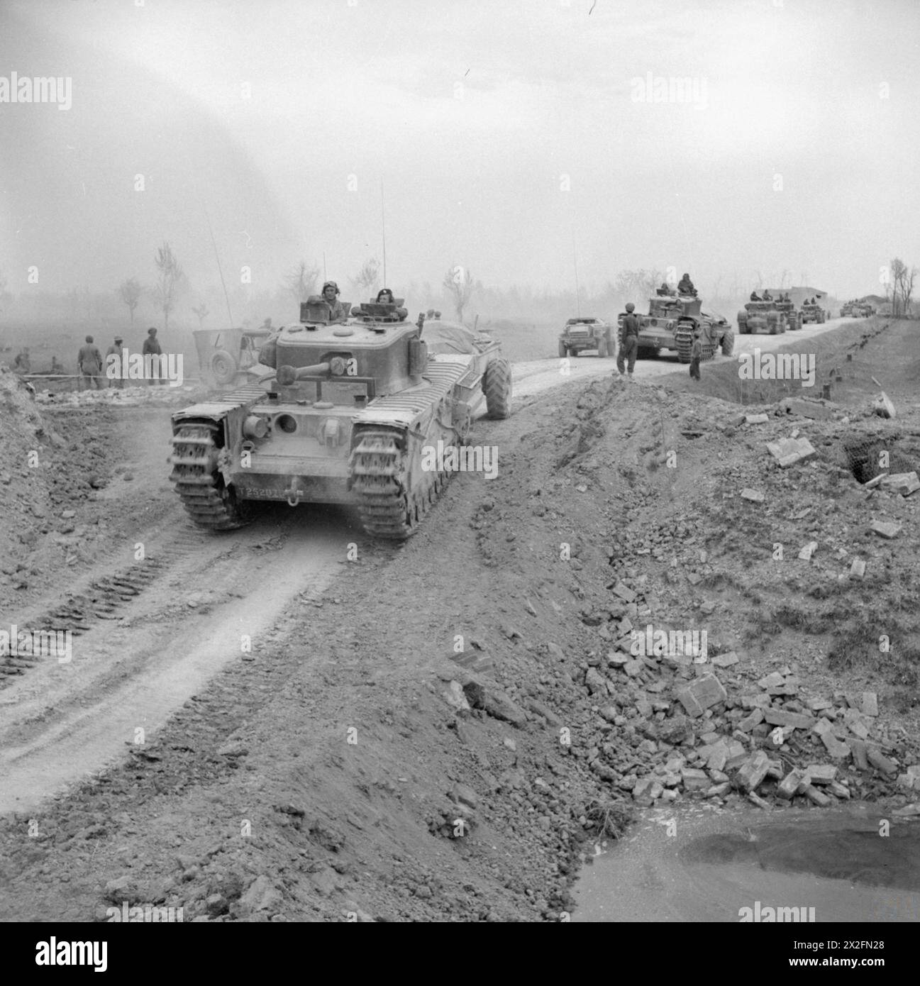 British Army Churchill Crocodile flamethrower tanks advance near Imola ...