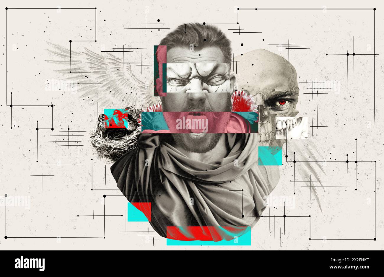 Surreal collage featuring man, skull, bird's wing, nest. Conceptual art ...