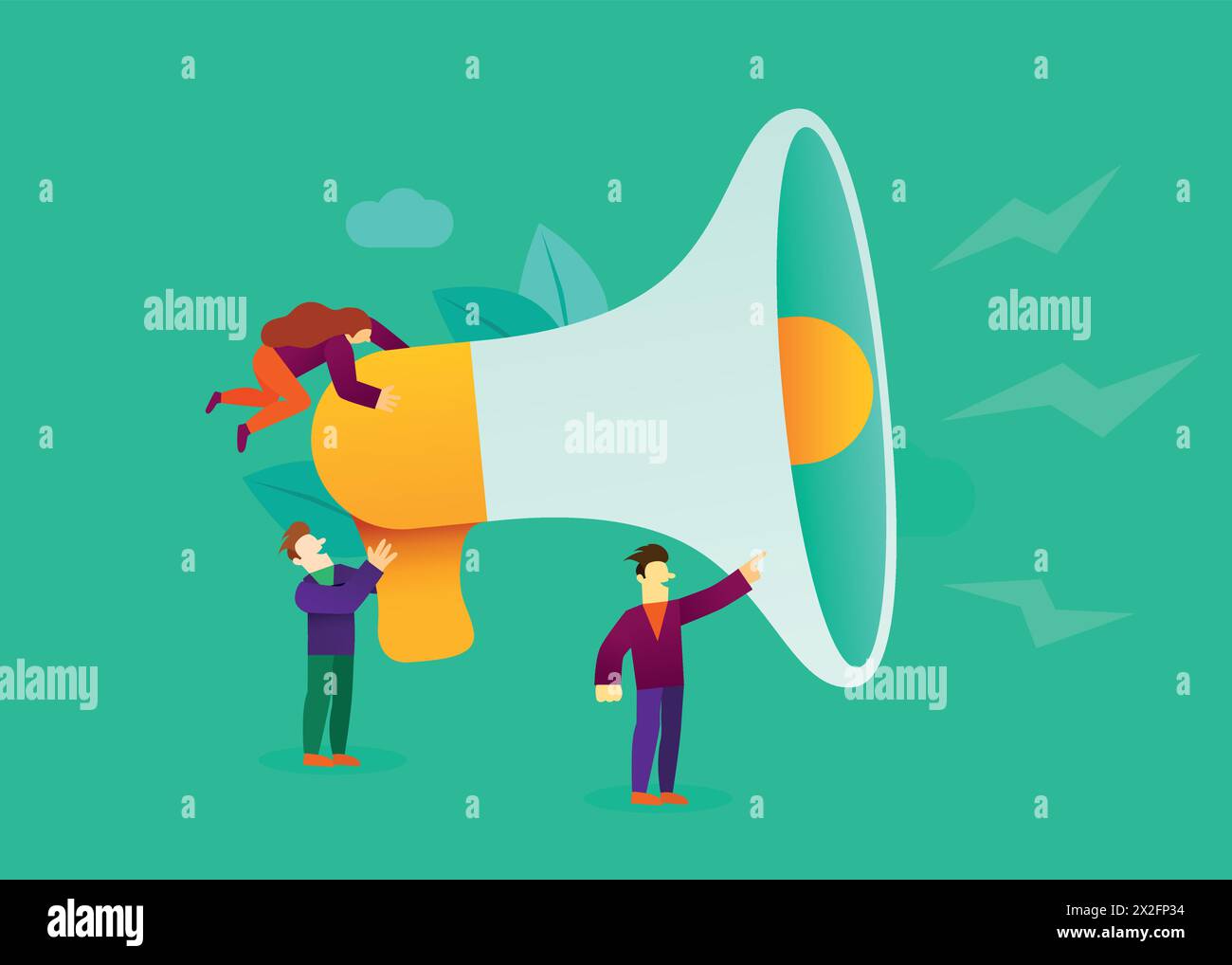 Small cartoon people with megaphone. Announcement or information ...