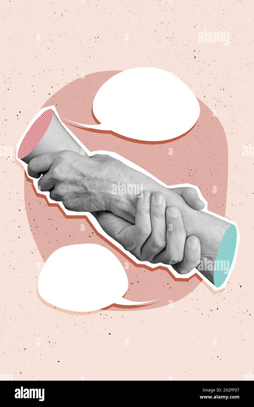 Vertical photo collage of people hand shake greeting gesture agreement ...