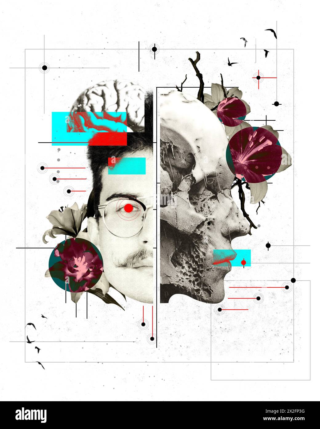 Artistic collage with male face, exposed brain, , and flowers on ...