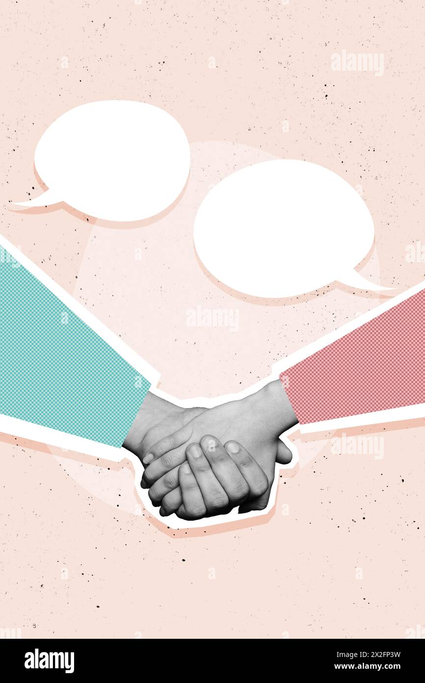 Vertical photo collage of people hand shake greeting gesture agreement ...