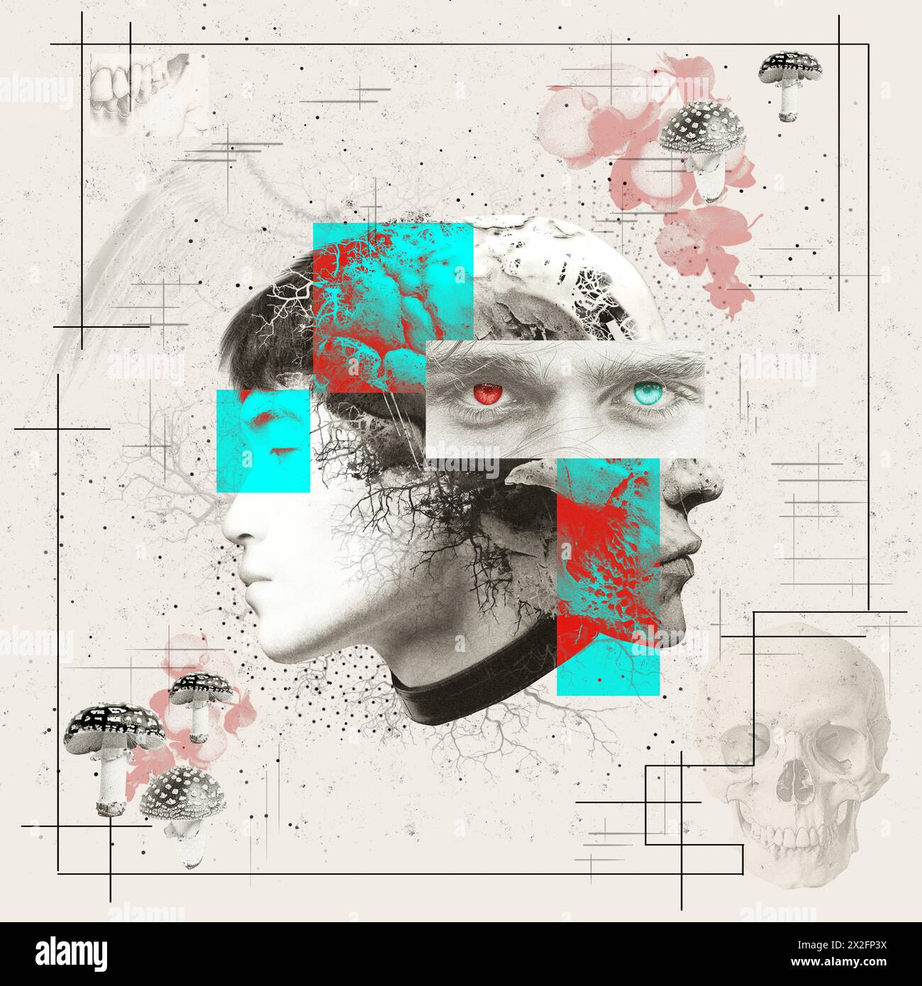 Artistic collage with human profile, vibrant abstract elements, skull ...