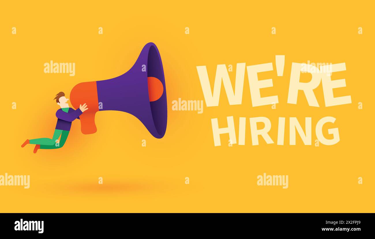 Small cartoon man with megaphone. We are hiring. Employer concept ...