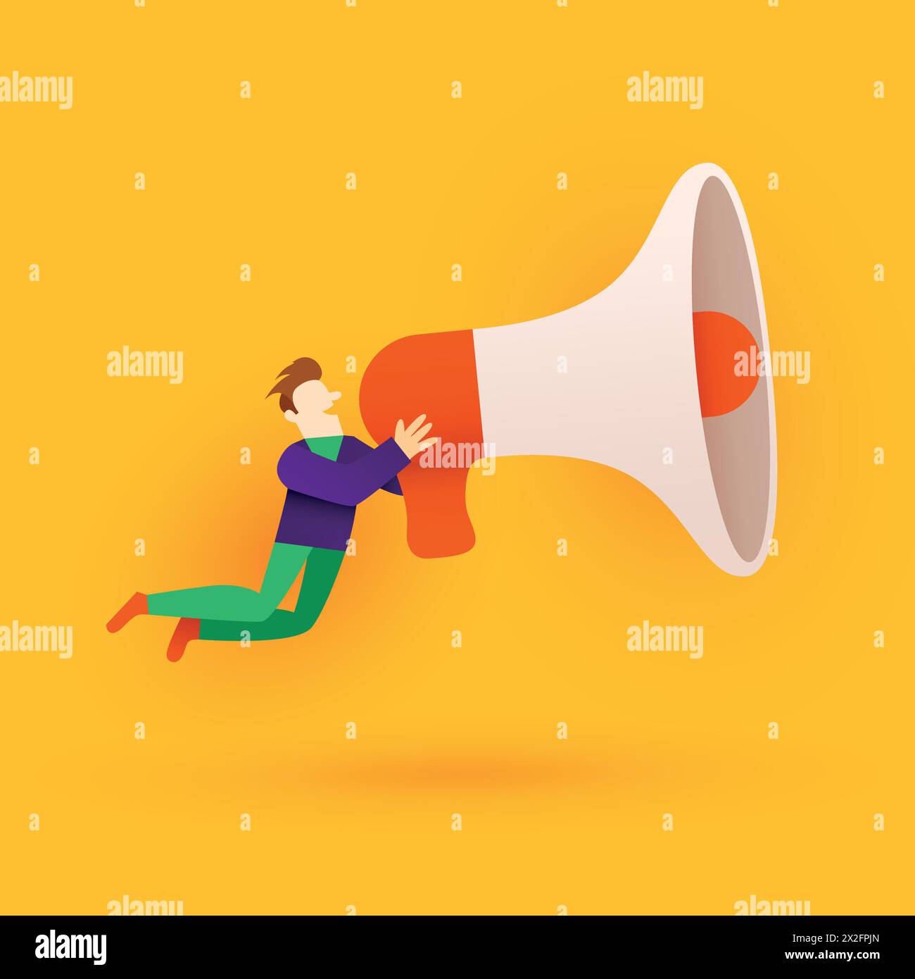 Small cartoon man with megaphone. Announcement or information concept ...