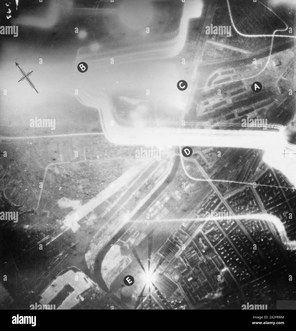 Annotated vertical aerial photograph of RAF night attack on Berlin's ...