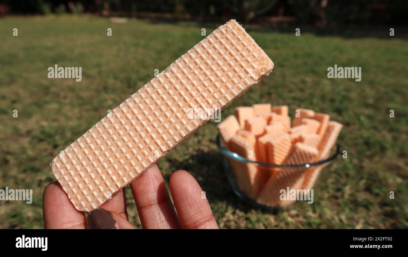 Tasty Wafer biscuits served in a transparent bowl. Orange flavoured ...