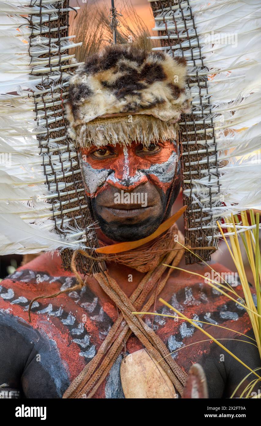 geography / travel, Papua New Guinea, with feather decorated warrior in ...