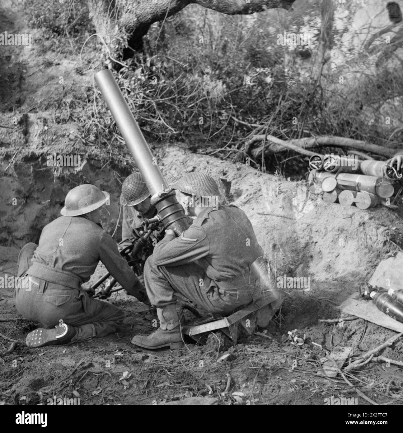 The British Army in Italy, 1944, deploying a 4.2-inch mortar operated ...