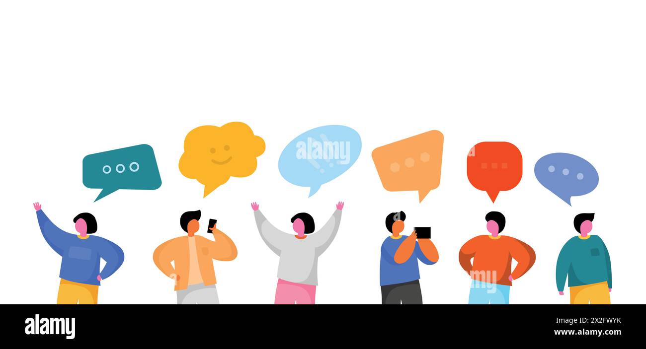Social Network Template. Group of Young People Characters Chatting and ...