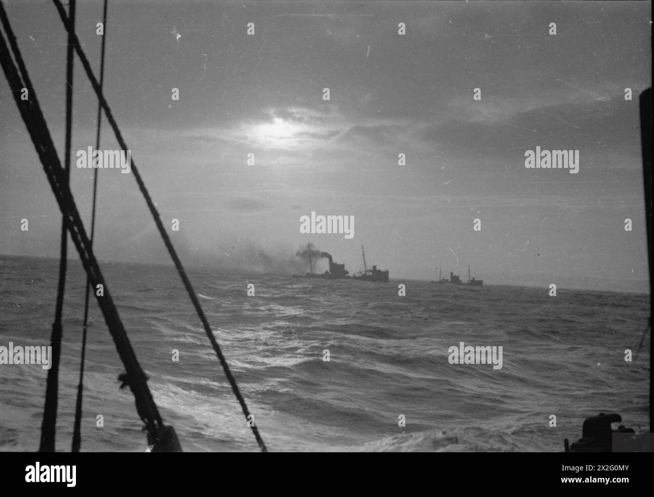 Minesweepers operate at sea in rough weather during 1940–1941 ...
