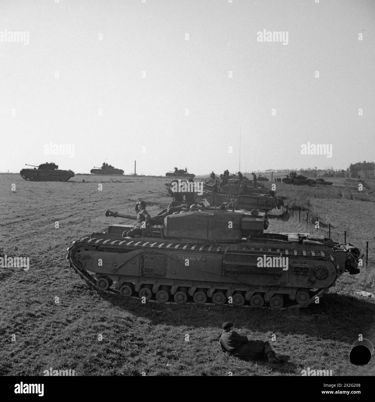 Churchill tanks of the 7th Royal Tank Regiment prepare for an assault ...