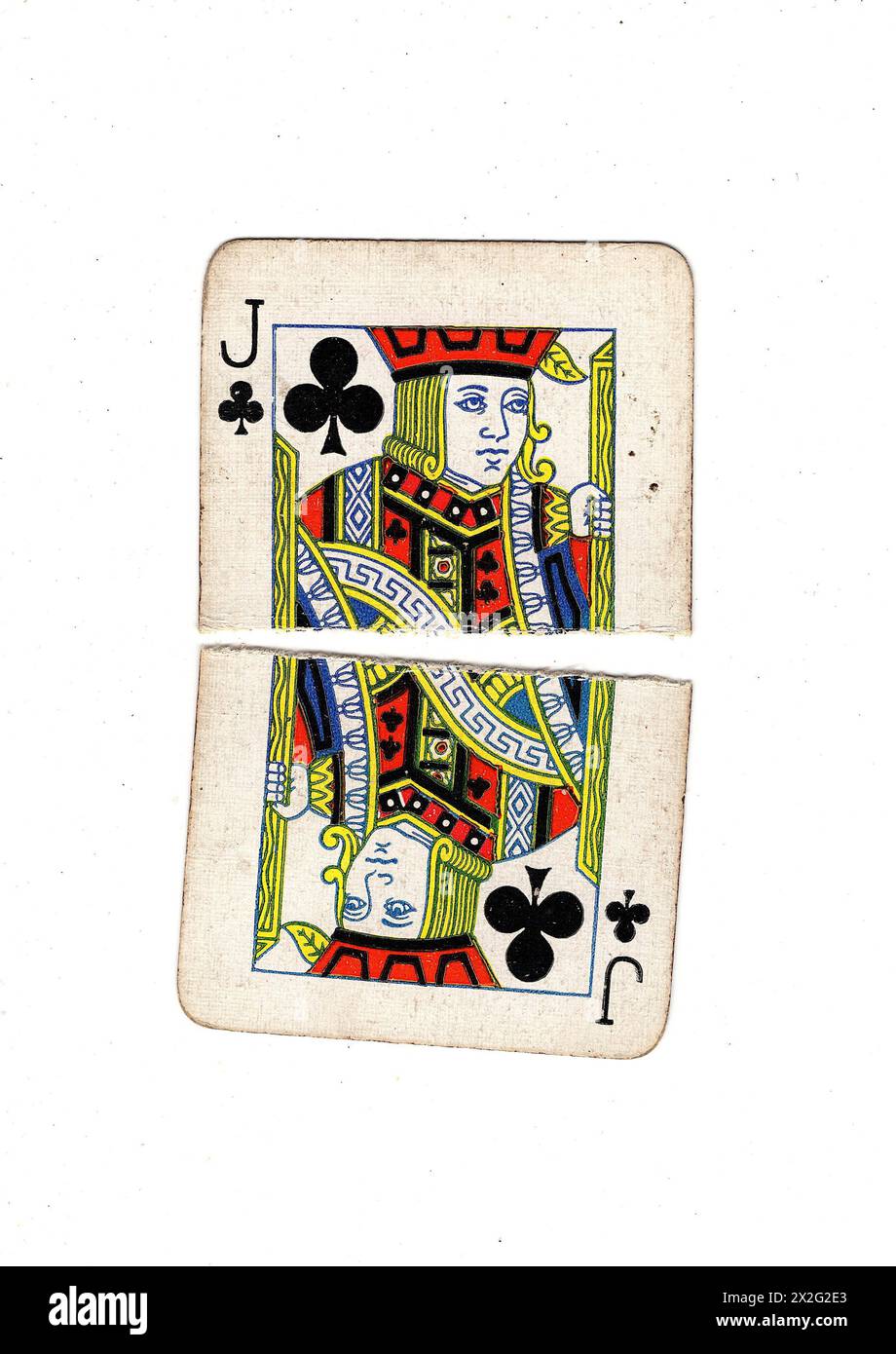 A vintage, well used jack of clubs playing card torn in half on a white ...