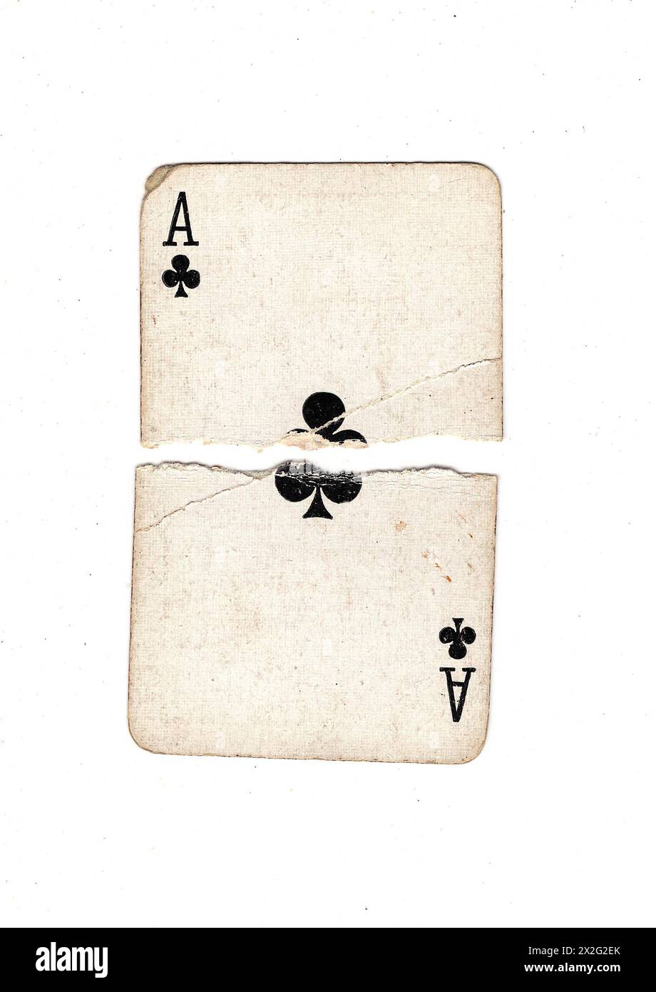 A vintage, well used ace of clubs playing card torn in half on a white ...