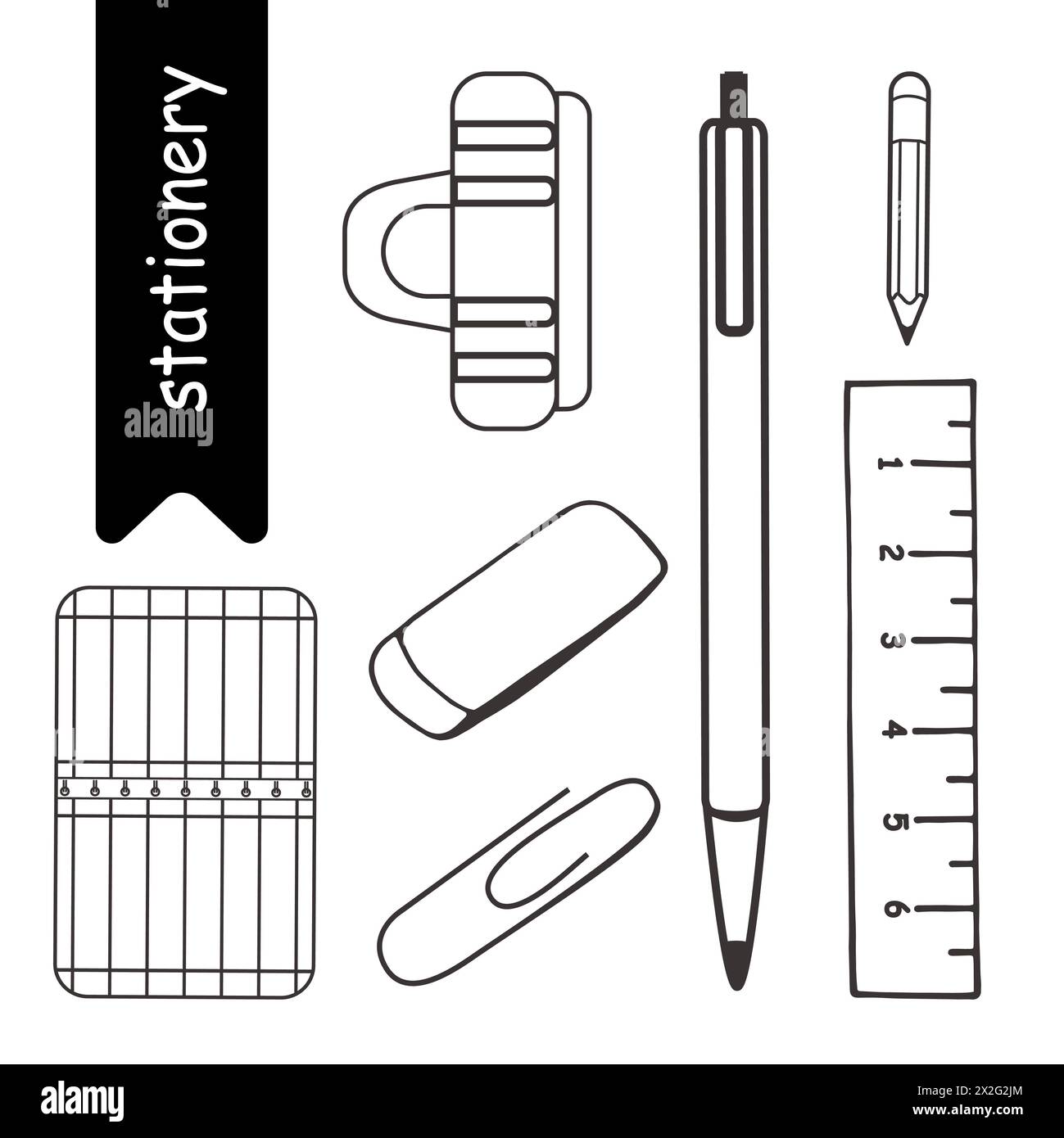 Set stationery. Clip; ruler; pen; pencil; eraser; exercise book. Vector ...