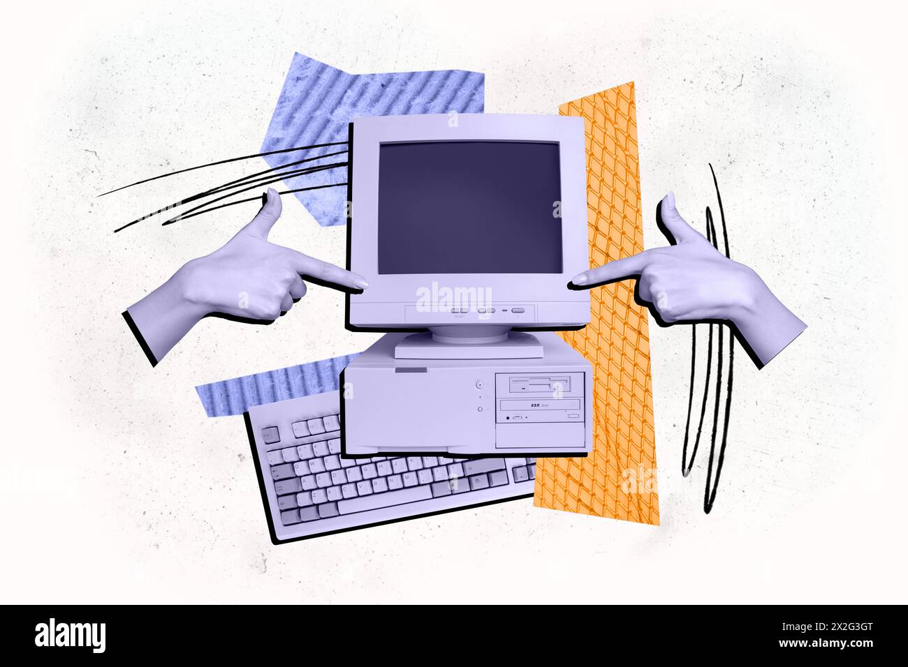 Composite photo collage of hand type computer keyboard old monitor ...