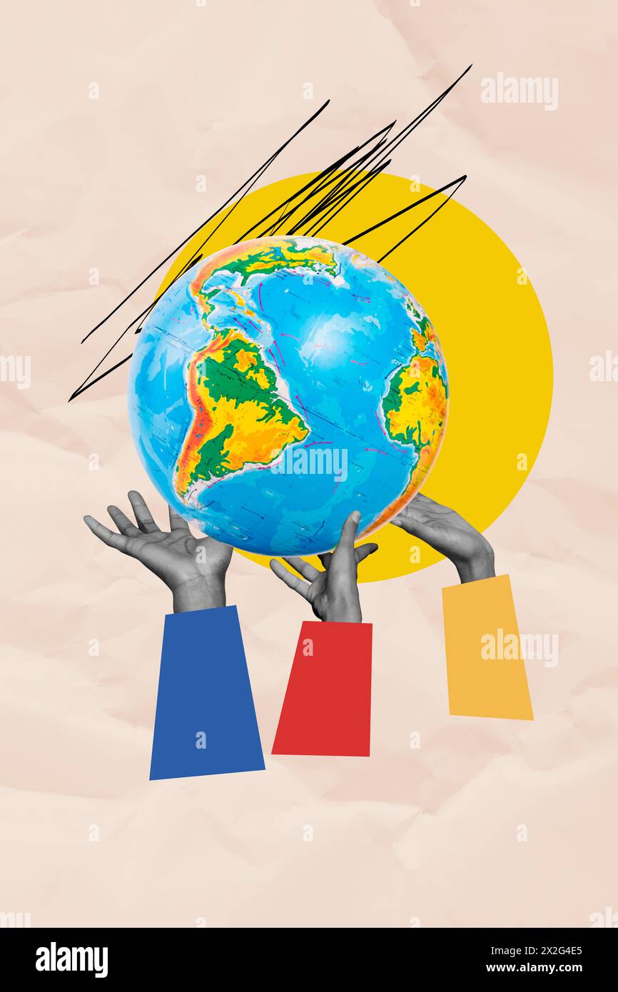 Vertical photo collage of three hand hold map ball globe earth europe ...