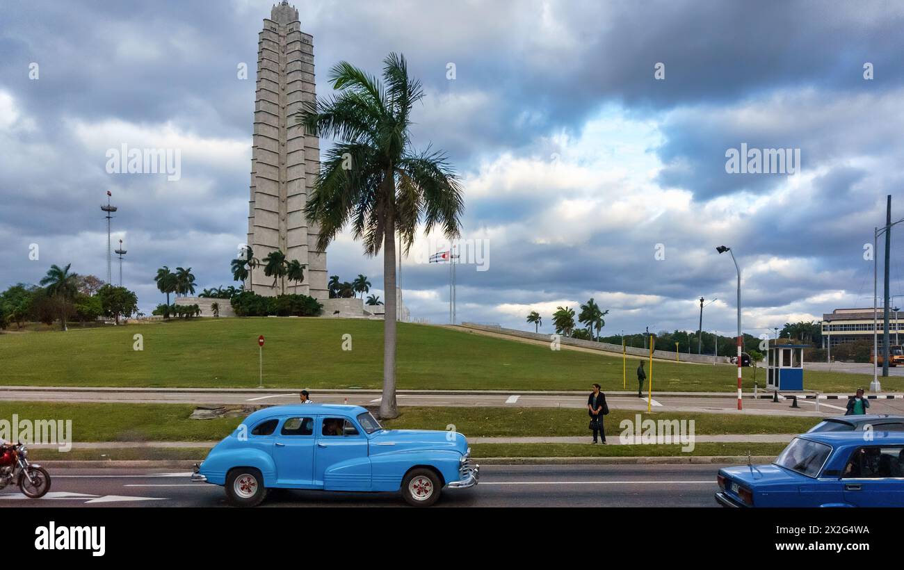 vintage american car driving by revolution square Stock Photo - Alamy