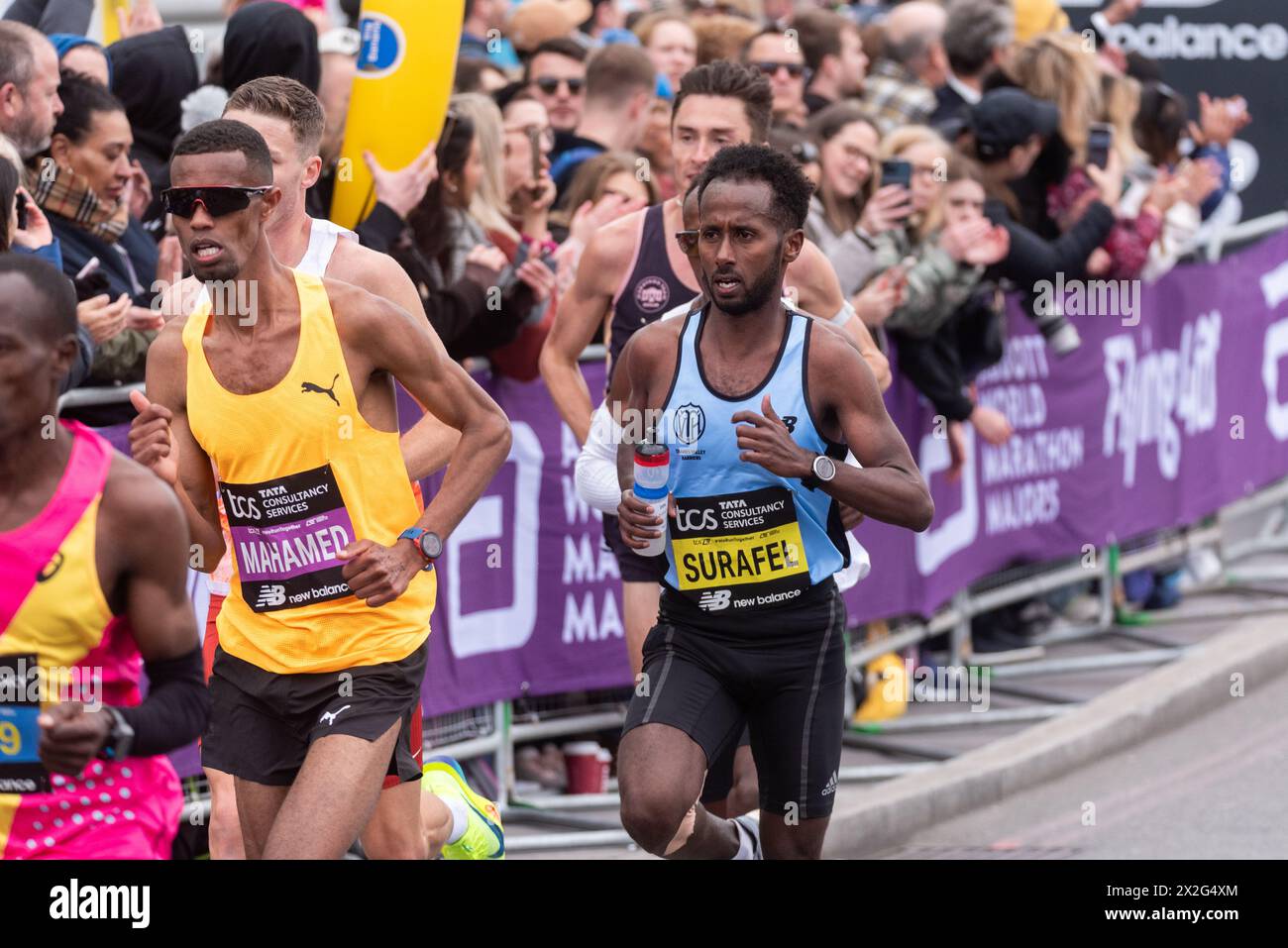 Paulos Surafel competing in the TCS London Marathon 2024 passing through Tower Hill, London, UK ...