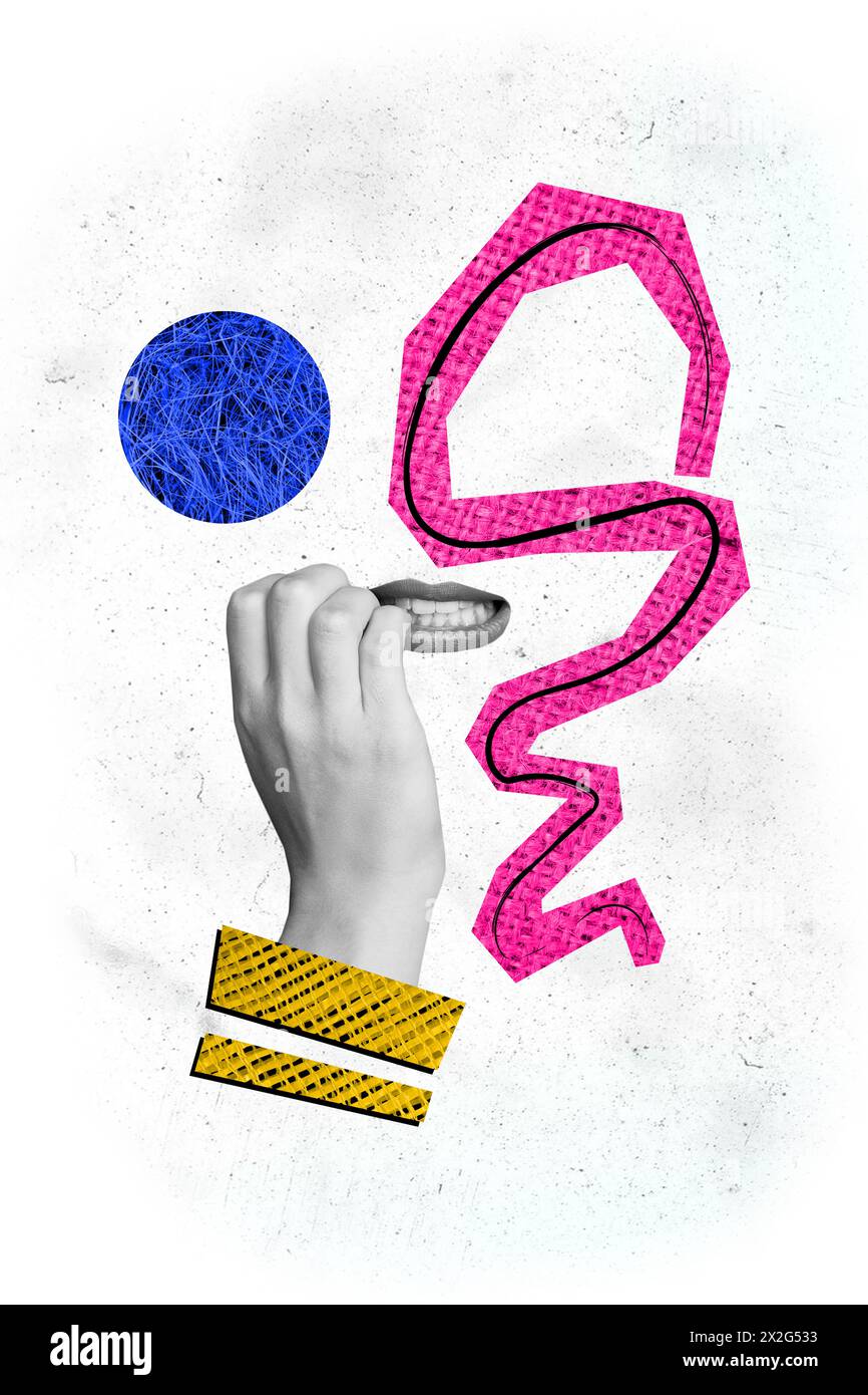 Vertical photo collage of faceless anonym woman mouth lips teeth bite ...