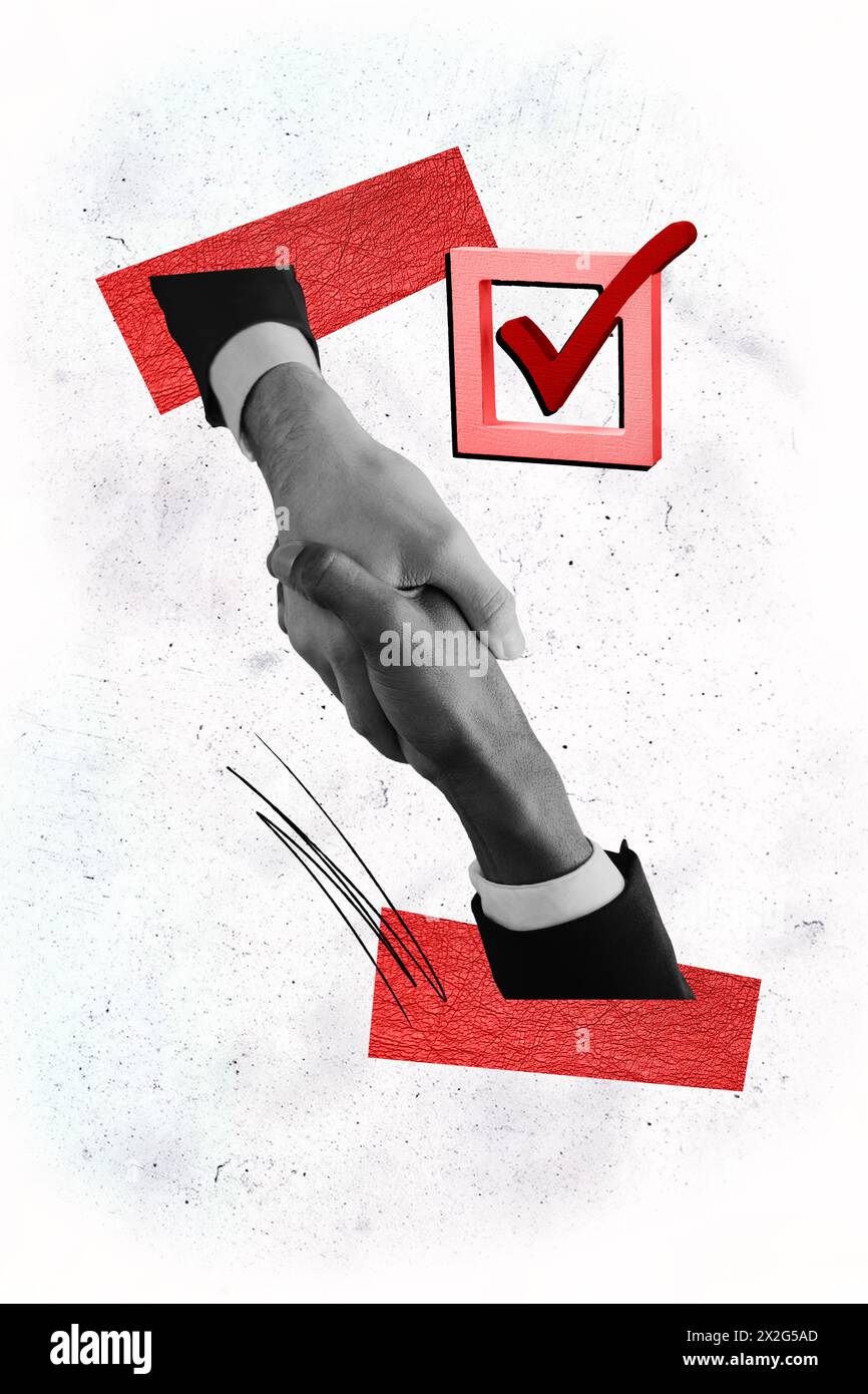 Vertical photo collage of two business people hand shake success deal ...