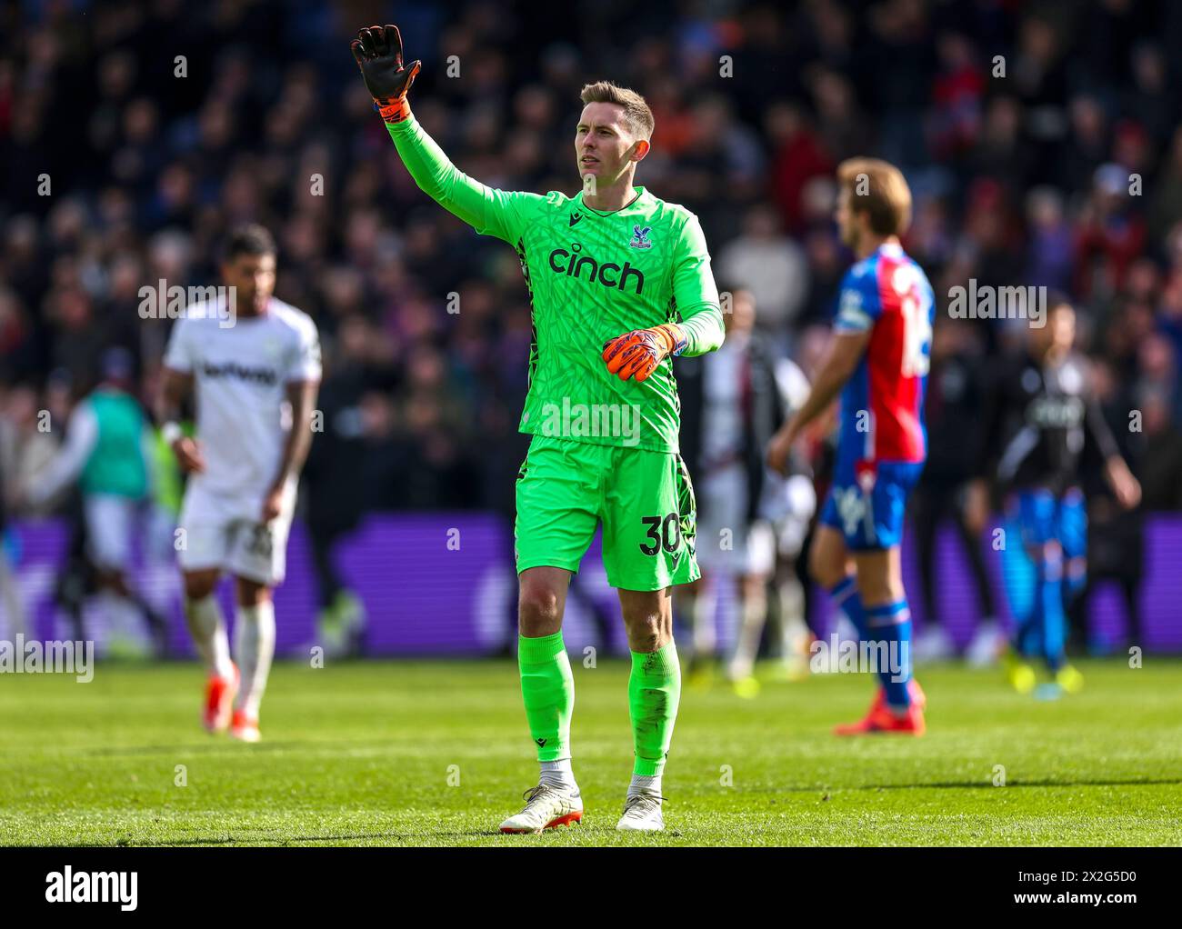 Crystal Palace goalkeeper Dean Henderson reacts following the Premier ...