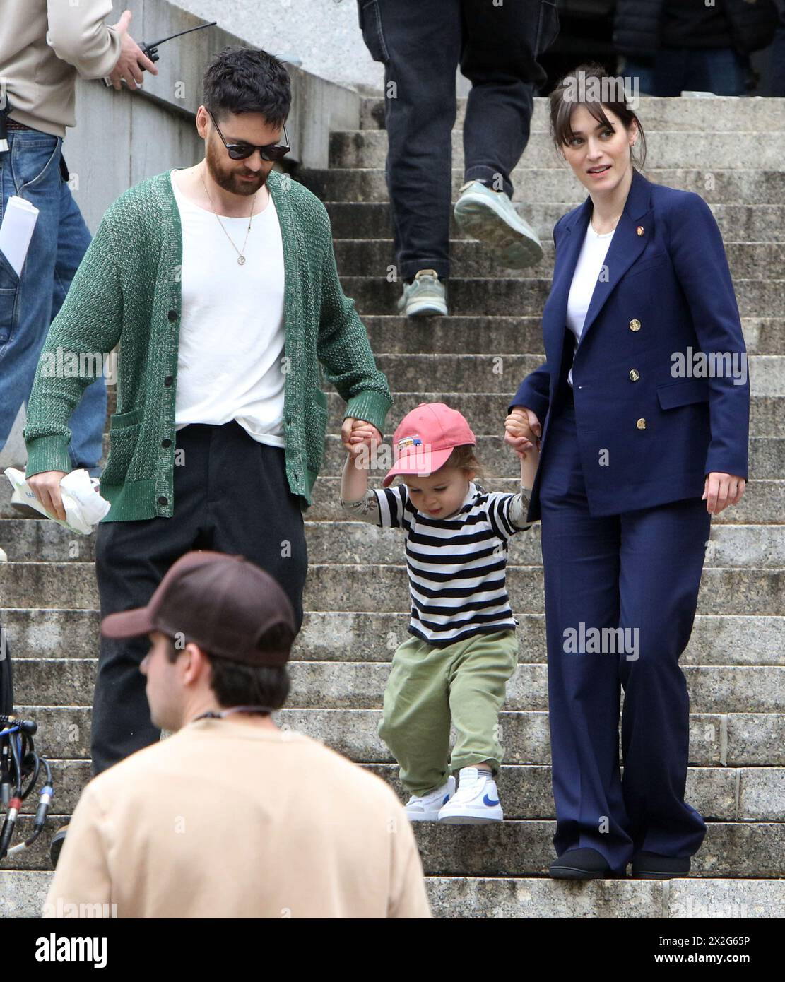 Tom Riley, Alfie Riley and Lizzy Caplan, filming on location for ...