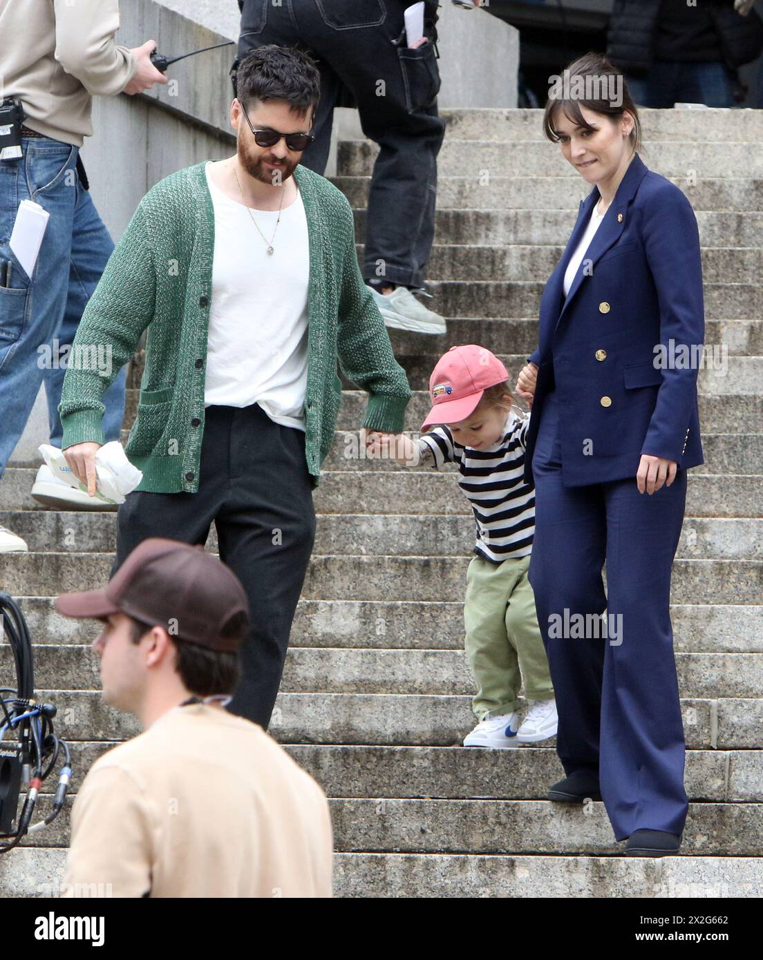 Tom Riley, Alfie Riley and Lizzy Caplan, filming on location for ...