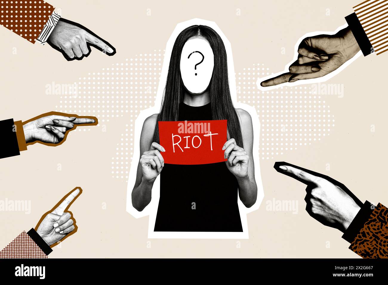 Composite photo collage of questioned woman stand riot strike problem ...