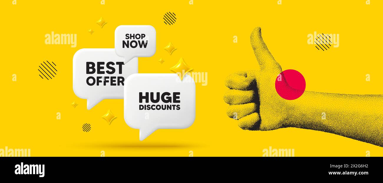Huge Discounts tag. Special offer price sign. Hand showing thumb up ...