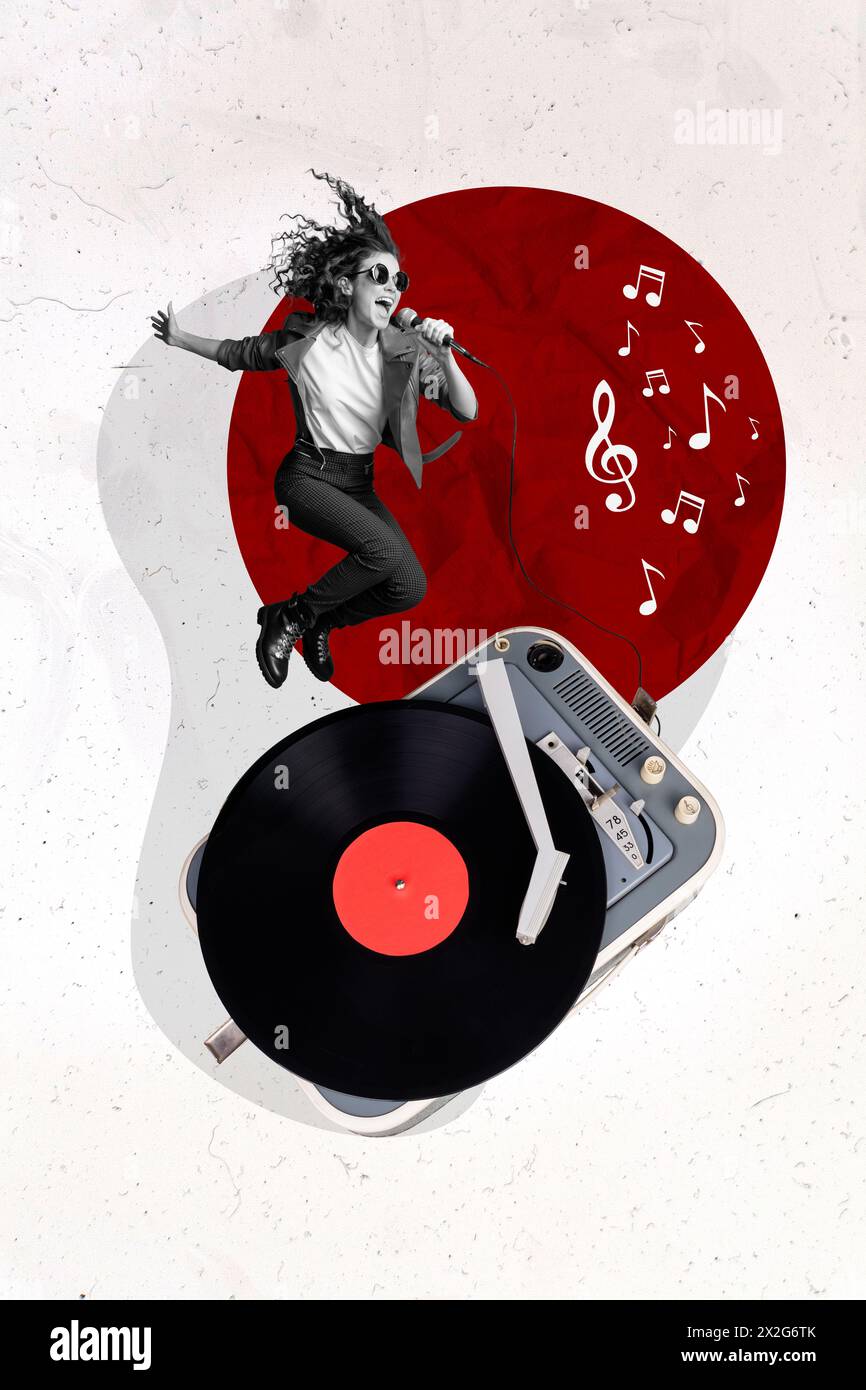 Vertical photo collage of cool young girl hold mic sing note music ...