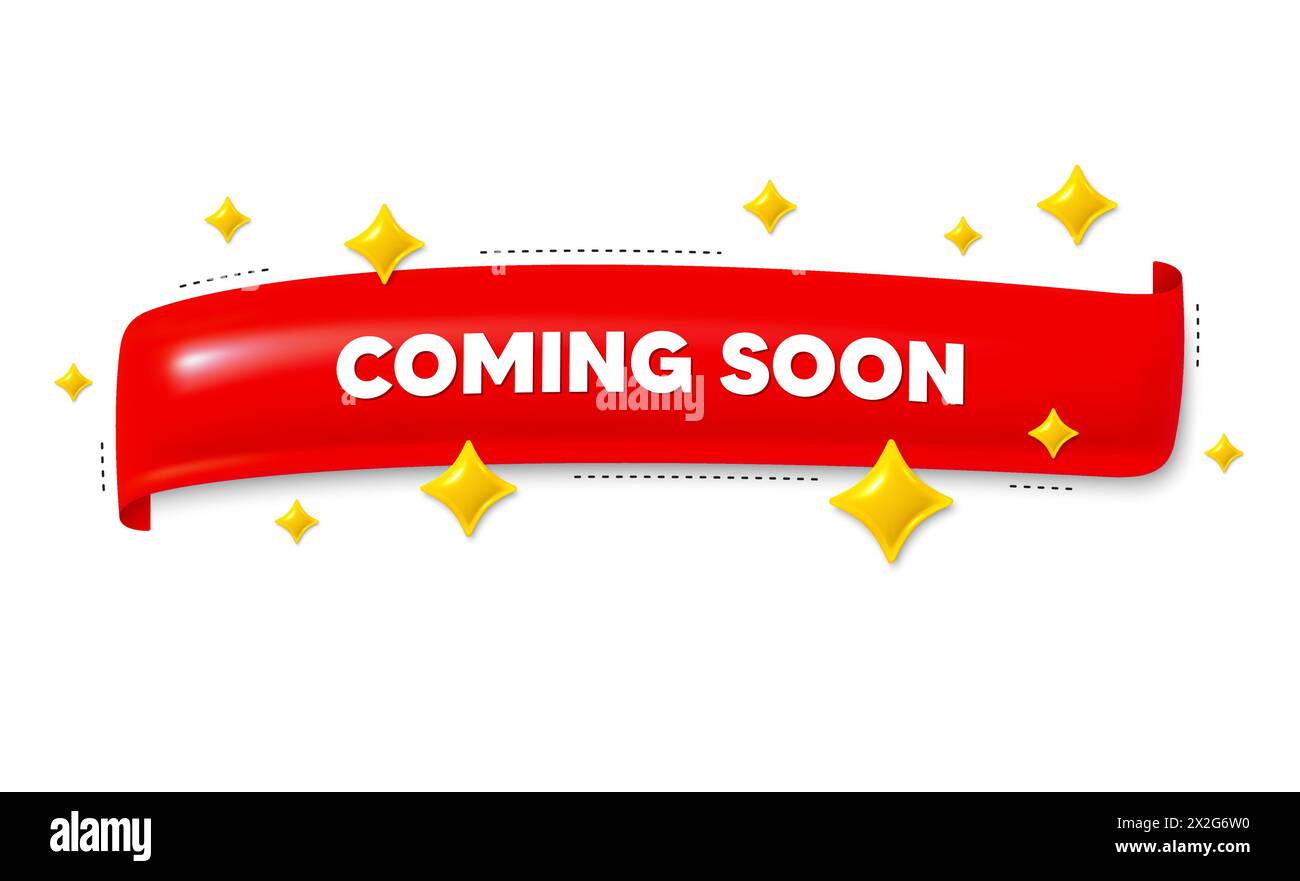 Coming soon. Promotion banner sign. Red ribbon 3d banner. Vector Stock ...