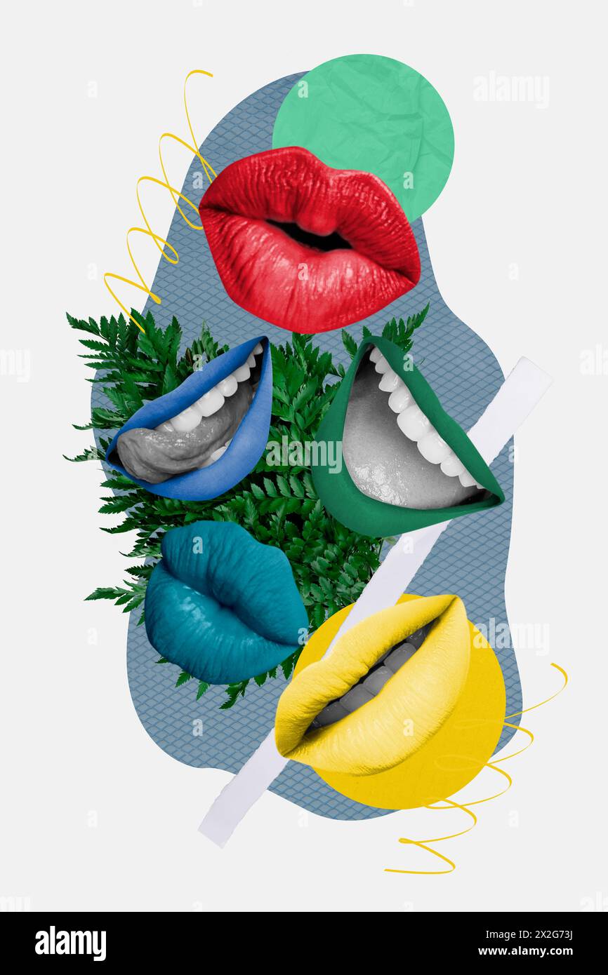 3D photo collage trend of pin up five young flirty mouth lips smile ...