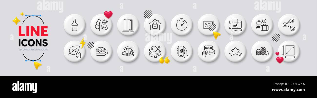 Share, Timer and Stars line icons. For web app, printing. White buttons 3d icons. Vector Stock ...