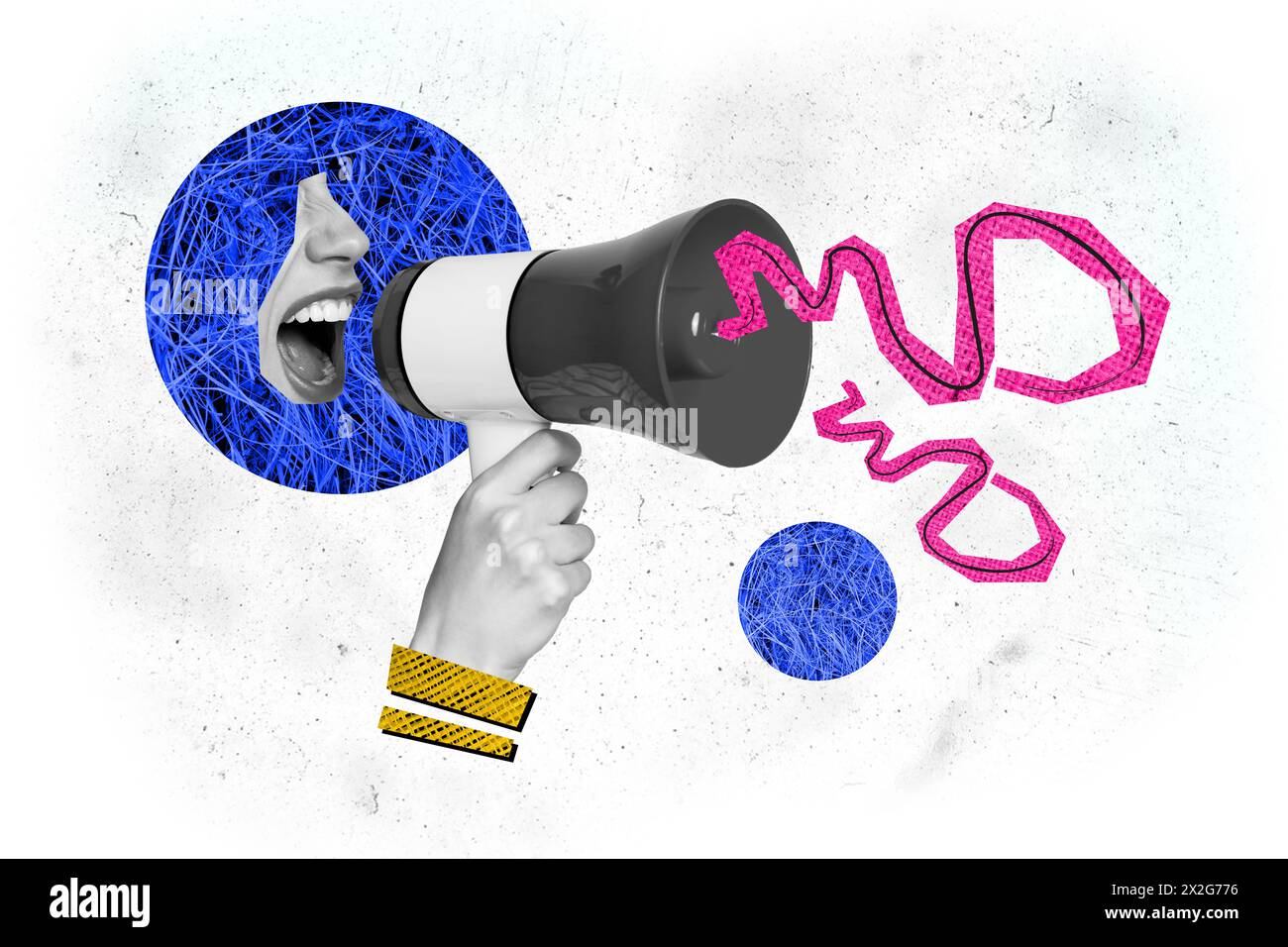 Composite photo collage of angry half face girl mouth scream megaphone ...