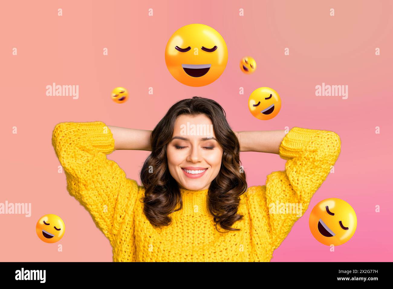 Creative collage picture young calm carefree girl closed eyes yellow ...