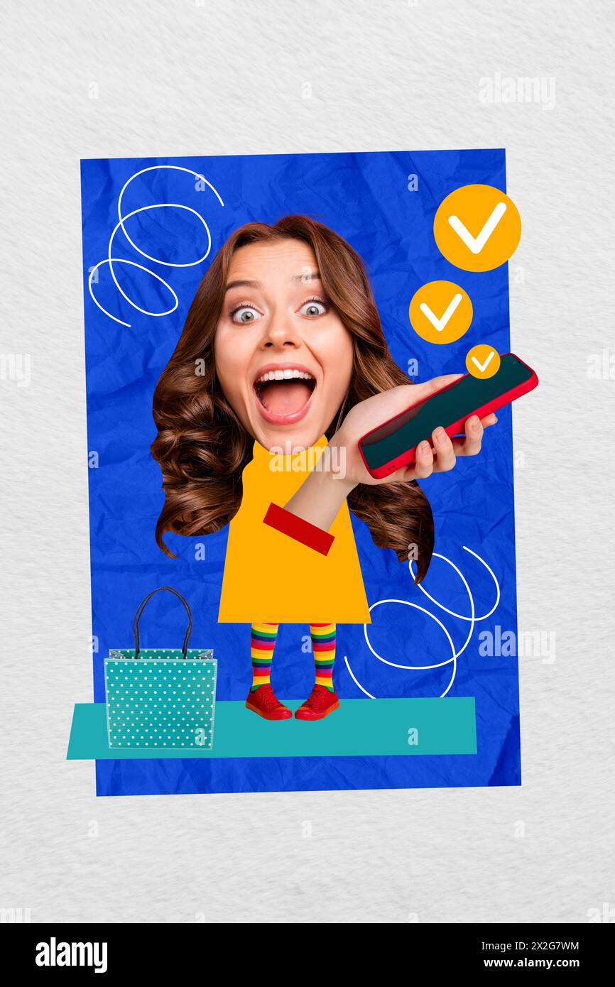 Vertical photo collage of happy cheer girl hold iphone buy shopping ...