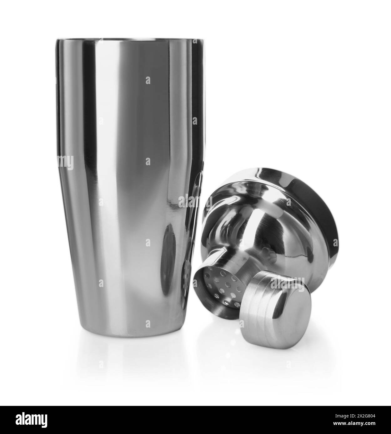 Metal cocktail shaker, strainer and cap isolated on white Stock Photo ...