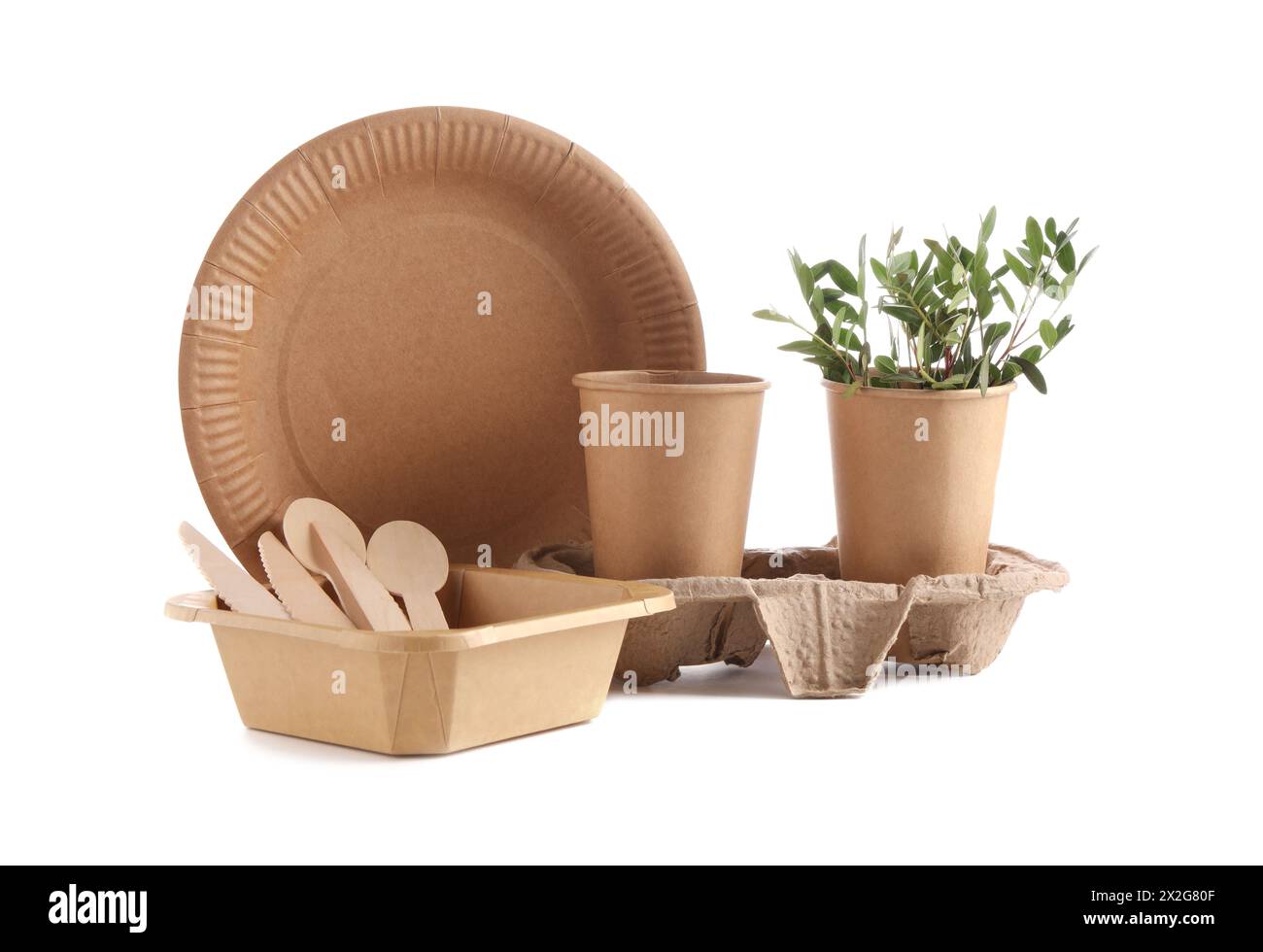 Eco friendly food packagings, tableware and twigs isolated on white ...