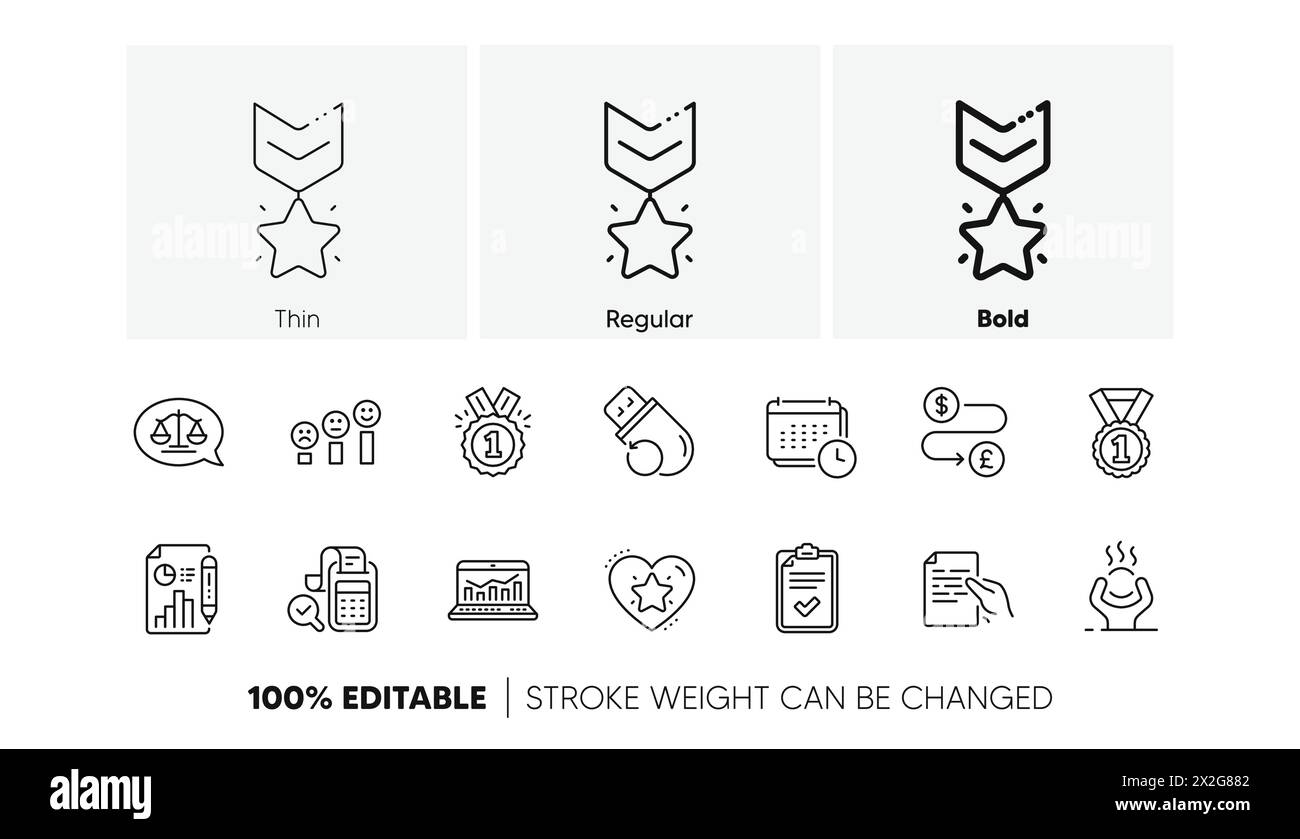 Winner medal, Checklist and Bill accounting line icons. For web app, printing. Line icons ...