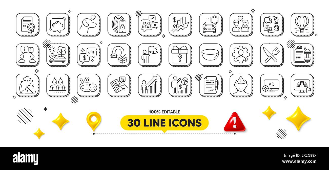 Bowl dish, Credit card and Couple love line icons pack. For web app. 3d ...