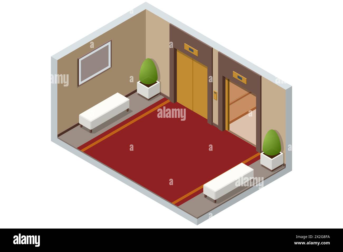 Isometric empty luxury hotel hallway interior with closed numbered ...