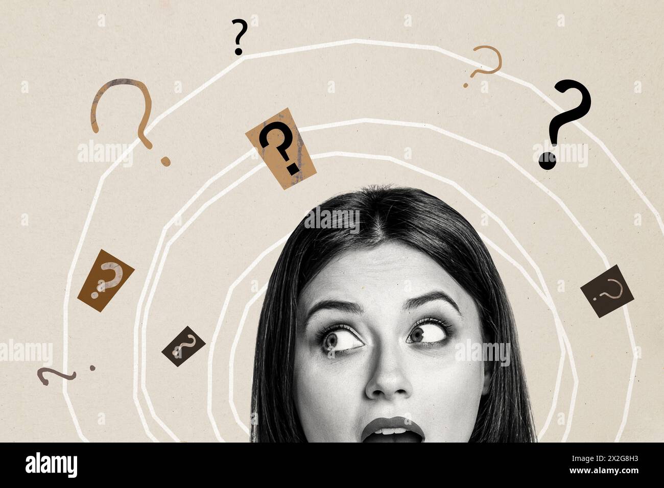 Composite photo collage of surprised girl peek mouth open question mark ...