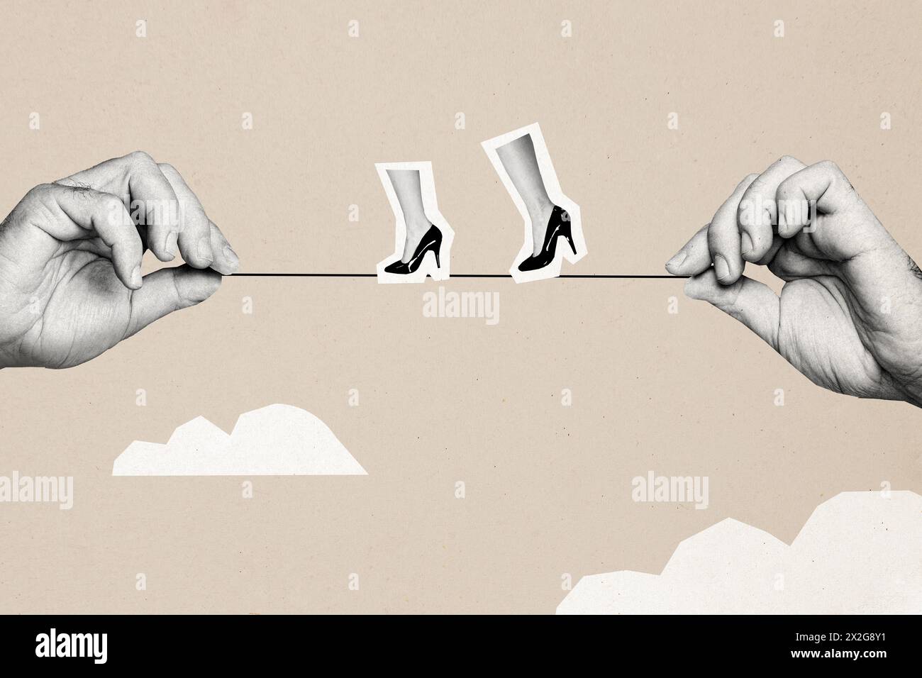 Composite photo collage of hand hold string female legs heels walk rope ...