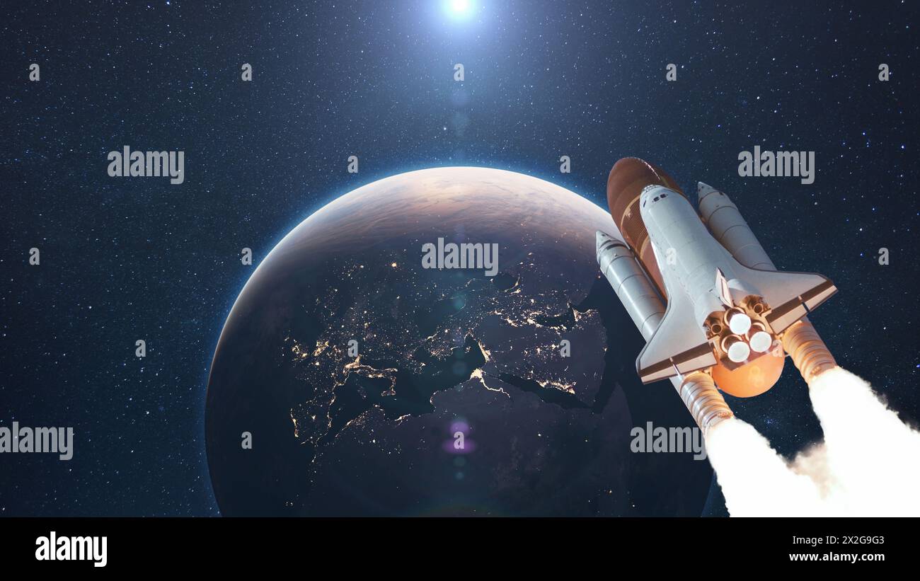 Rocket Lift Off. Space Shuttle With Smoke And Blast Takes Off Into ...