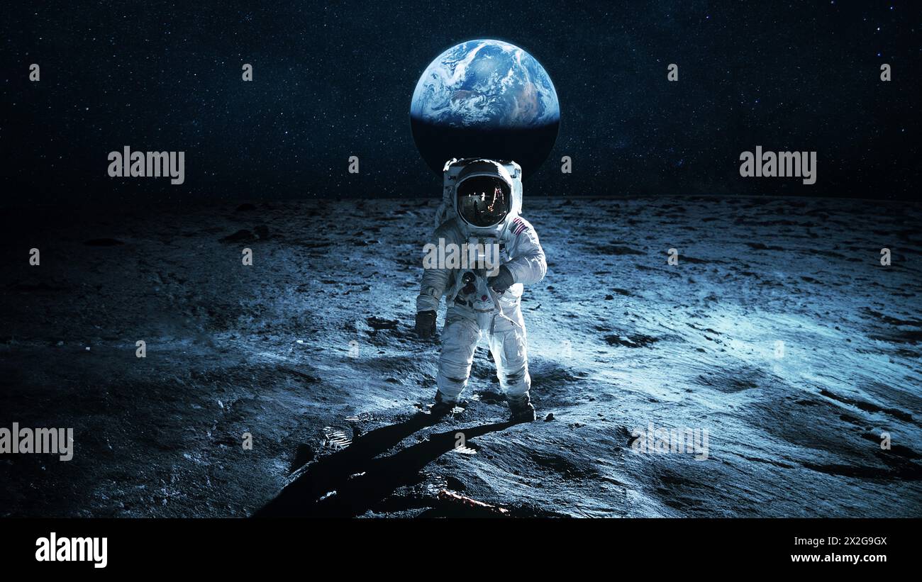 Astronaut Walks On The Surface Of The Moon Overlooking The Blue Planet ...