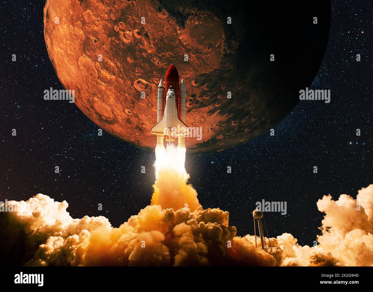 New Space Shuttle Rocket With Blast And Smoke Takes Off To The Red ...