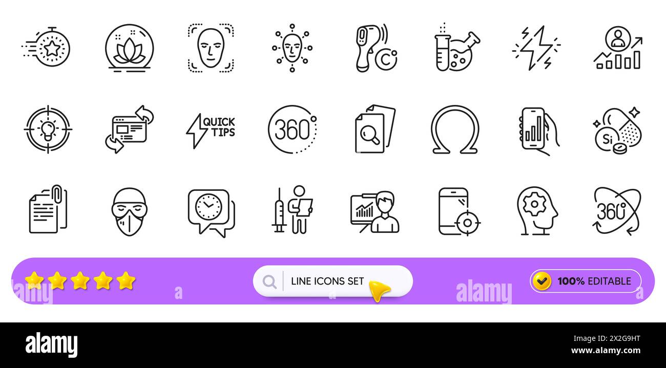 360 degrees, Full rotation and Timer line icons for web app. Pictogram ...