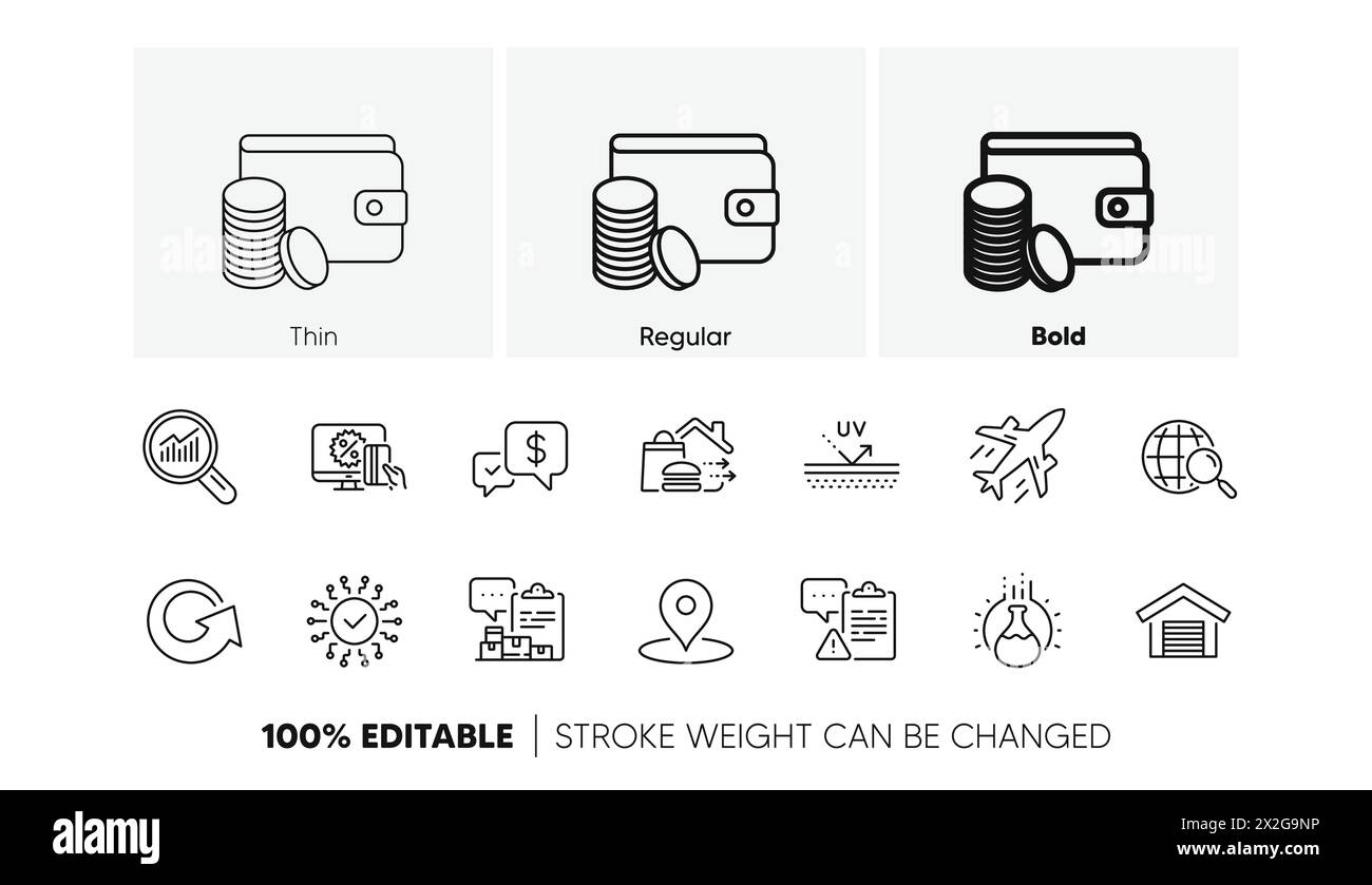 Data analysis, Inventory report and Parking garage line icons. For web app, printing. Line icons ...